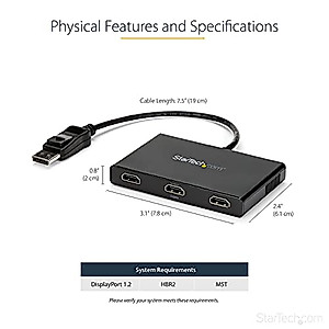 StarTech.com 3-Port Multi Monitor Adapter - DisplayPort 1.2 to 3x HDMI MST Hub - Triple 1080p HDMI Monitors - Extended or Cloned Display mode - Windows PCs Only - DP to 3x HDMI Splitter (MSTDP123HD)