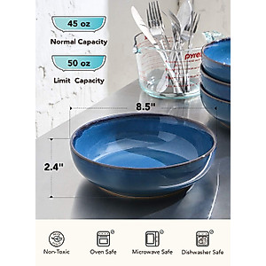 LE TAUCI Pasta Bowls 45 Ounce, Ceramic Salad Bowl, Large Serving Bowl Set - Set of 4, Ceylon Blue