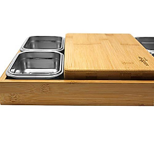VERSACHOP Quattro - Totally natural organic bamboo cutting board with included stainless steel lunch boxes with airtight lids and serving tray. Perfect for meal prep, storage and organization.