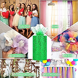 Glitter Tulle Rolls, 6” by 50 Yards (150FT) Sparkling Tulle Spool Ribbon Sequin Tulle Netting Fabric for Tutu Skirt Wedding Birthday Baby Shower (Green)
