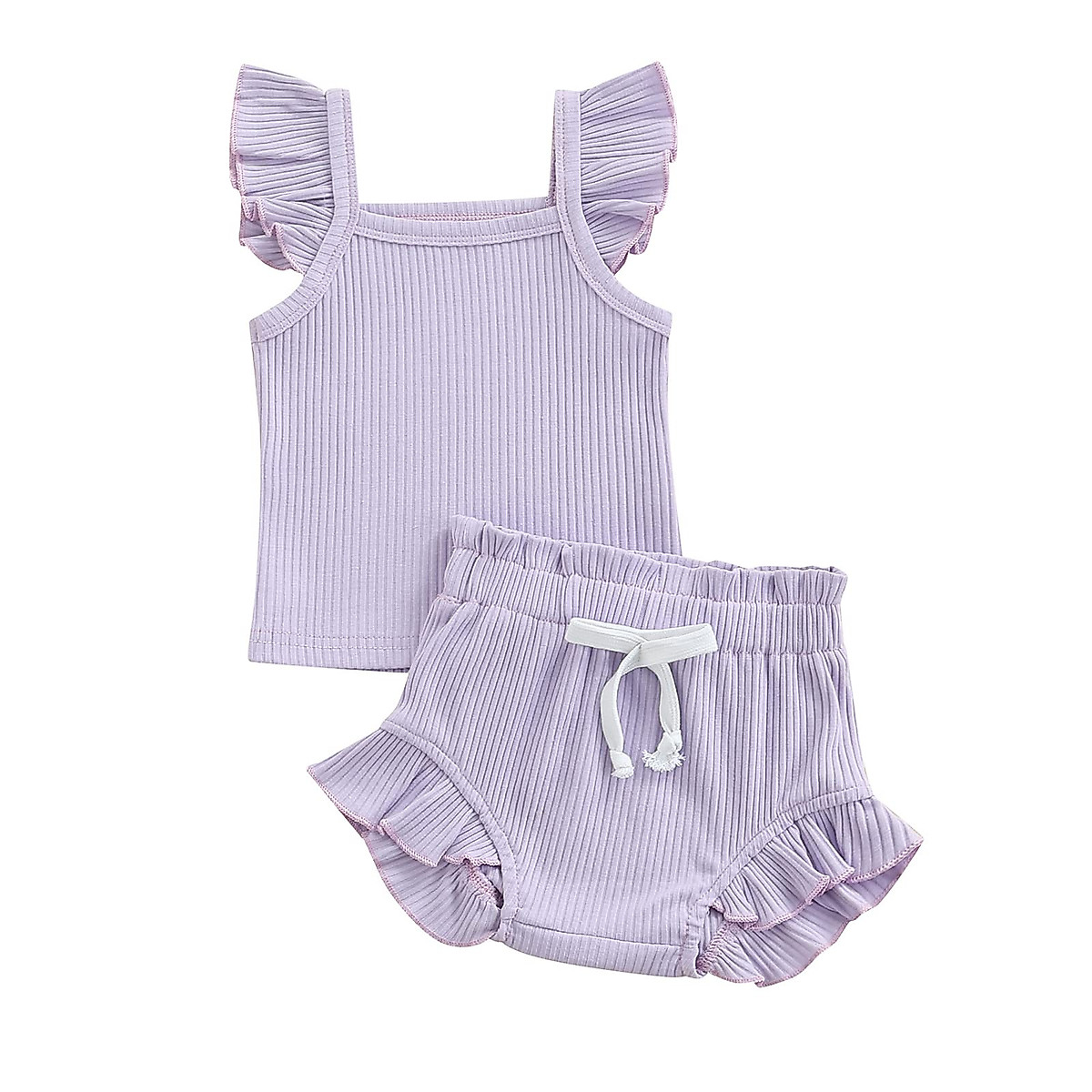 Toddler Baby Girl Summer Short Clothes Ribbed Ruffle Sleeve Tops+Elastic Drawstring Short Pants Two Piece Solid Outfit Set (A-Purple, 12-18 Months)