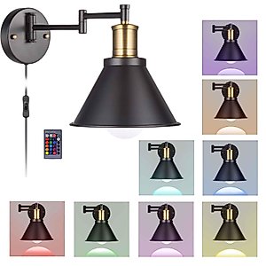 Swing Arm Wall Lamp Plug-in Cord with 9W 3-Color LED Light Bulb, Adjustable Color Temperature, Color Changing G45, Bronze and Black Finish, On/Off Switch, E26 Socket, Industrial Wall Light for Bedroom