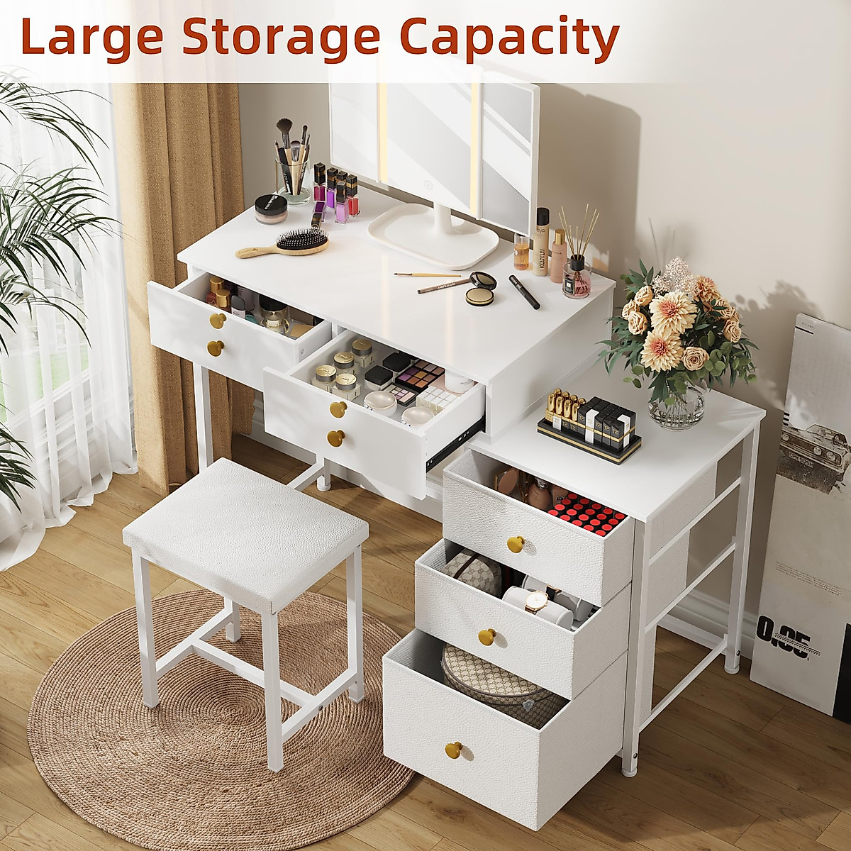 DSAFGGY Vanity Desk with 5 Drawers and Mirror & 3 Lighting Modes, Makeup Vanity with 5 Large Drawers for Bedroom - 41 Inch White