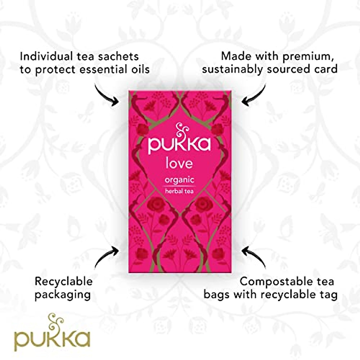 Pukka Organic Tea Bags, Chamomile, Rose and Lavender, Love Herbal Tea, 20 Count (Pack of 3)