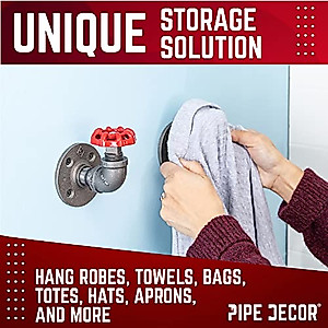 PIPE DECOR Coat Hook Red Industrial Water Spigot Valve Wall Mount with Real Iron Plumbing Fittings for Home, Office or Retail Space 2-Pack