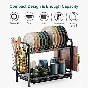 GSlife Dish Drying Rack, 2 Tier Rust-Resistant Dish Rack with Drainboard Compact Dish Drainer with Utensil Holder, Cutting Board Holder for Kitchen Counter, Black