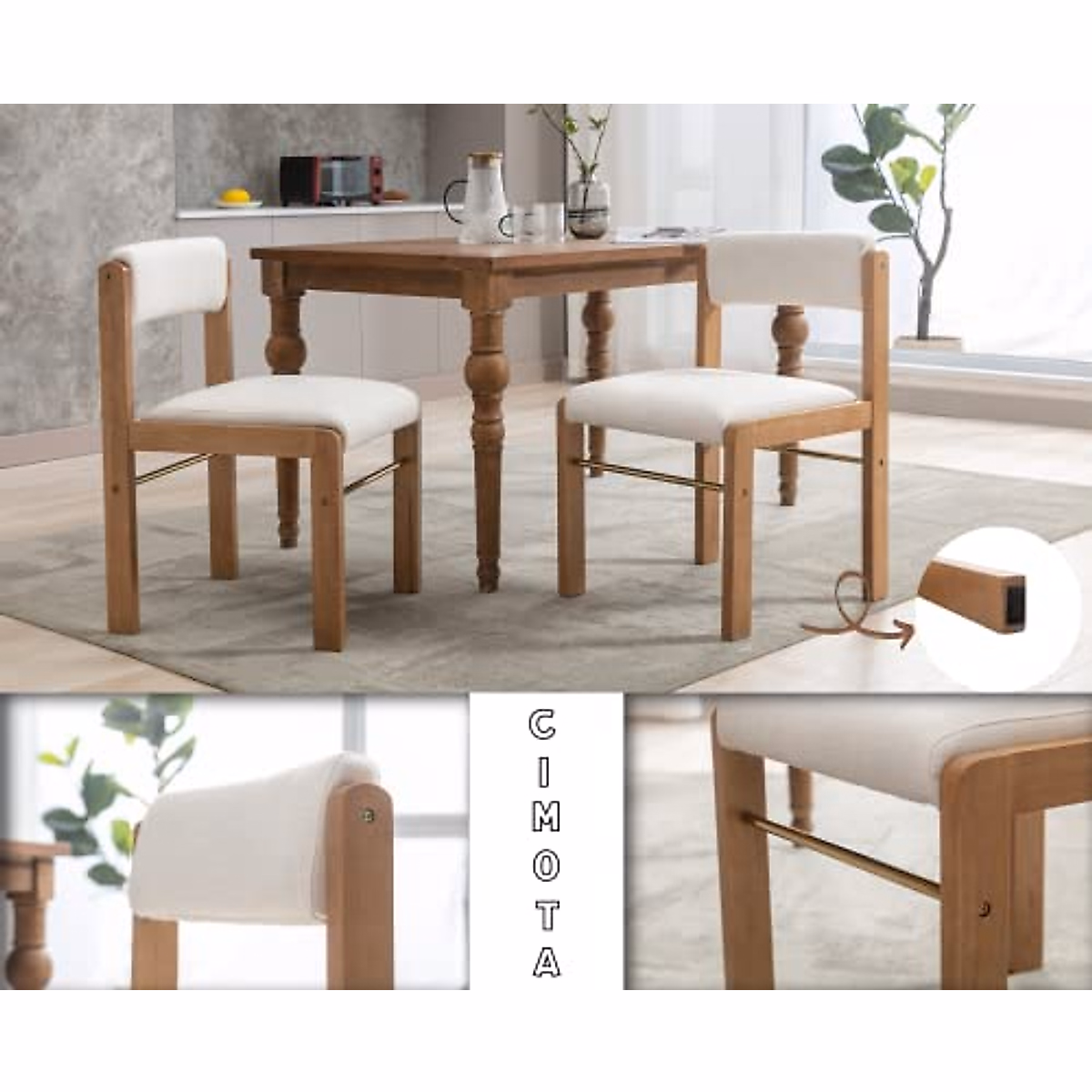 CIMOTA Mid Century Modern Dining Chairs Set of 4, Fabric Linen Kitchen Chairs Upholstered Farmhouse Dining Room Chairs Armless Side Chairs with Adjustable Back/Wood Frame, Beige