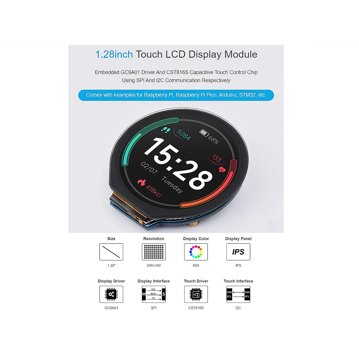 waveshare 1.28inch Round Touch LCD Display Module 240×240 Resolution 65K RGB LCD for Raspberry Pi,Raspberry Pi Pico,Arduino, STM32,Embedded GC9A01 Driver, CST816S Capacitive Touch Control Chip