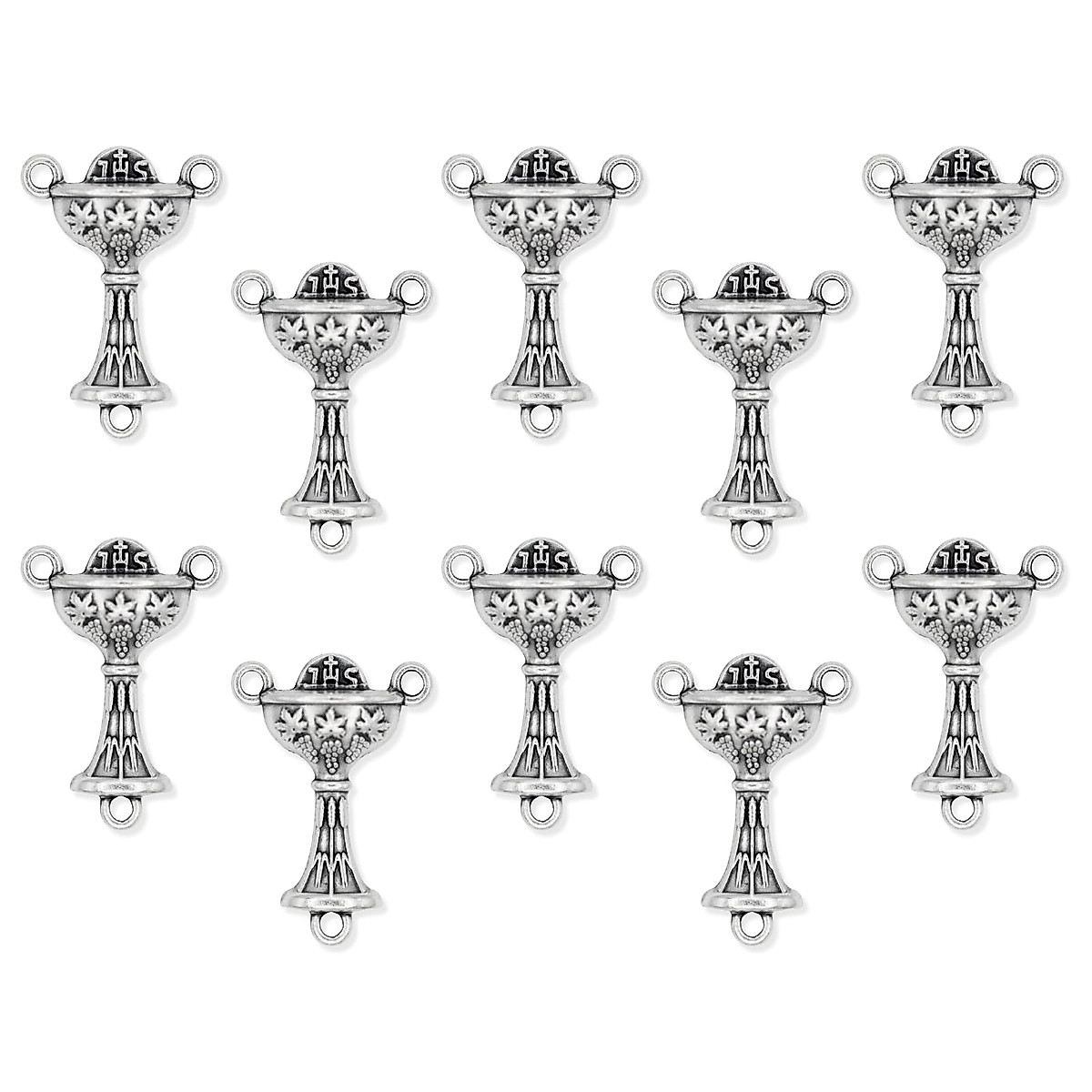 Pack of 10 - First Holy Communion Chalice Sacrament Rosary Center Piece Rosary Connector, 7/8" Silver Oxidized - Made in Italy