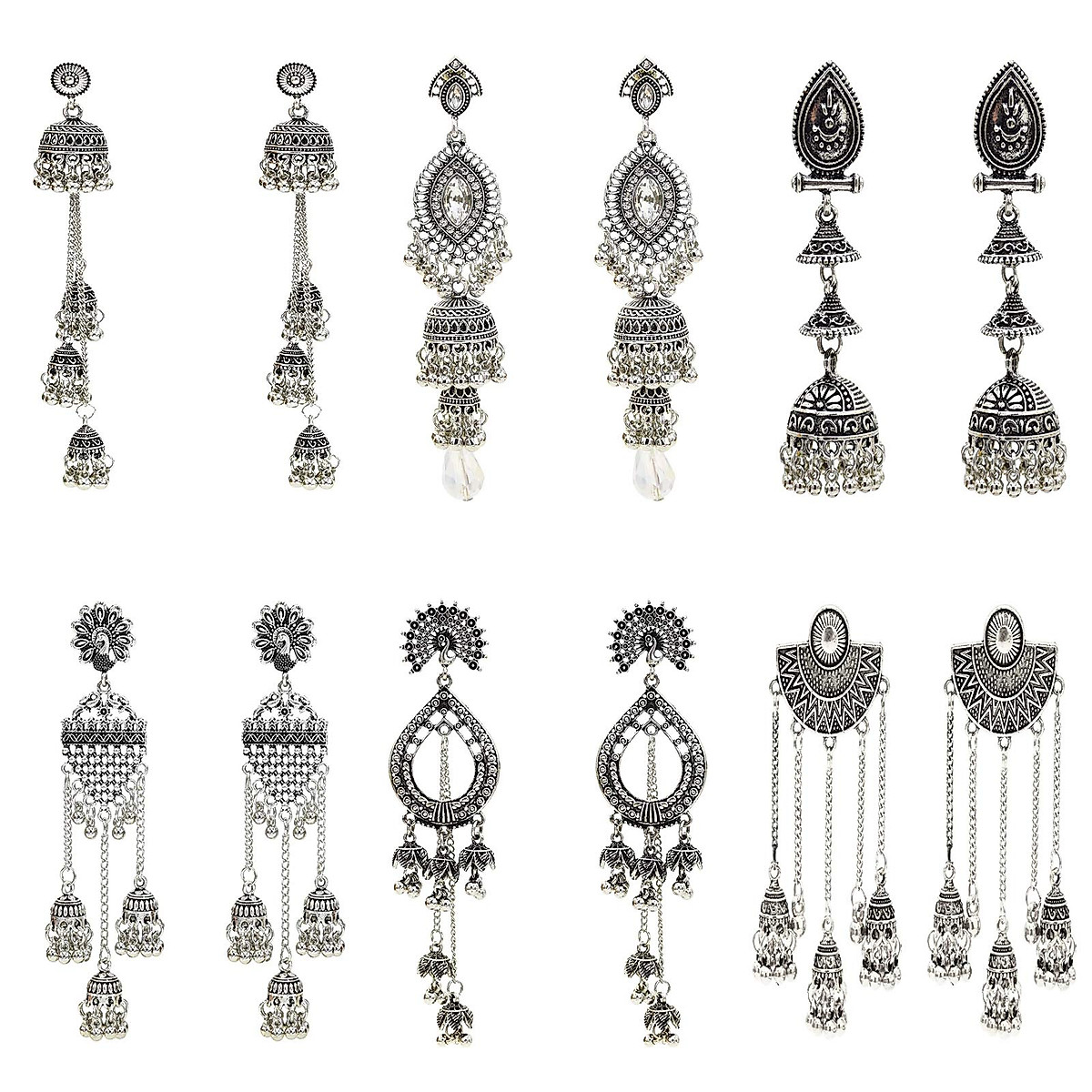 6 Pairs/Set Indian Jhumka Jhumki Ethnic Dangle Earring Sets for Women Vintage Silver Long Tassel Bell Drop Earrings Boho Jewelry (ES-8794-6)