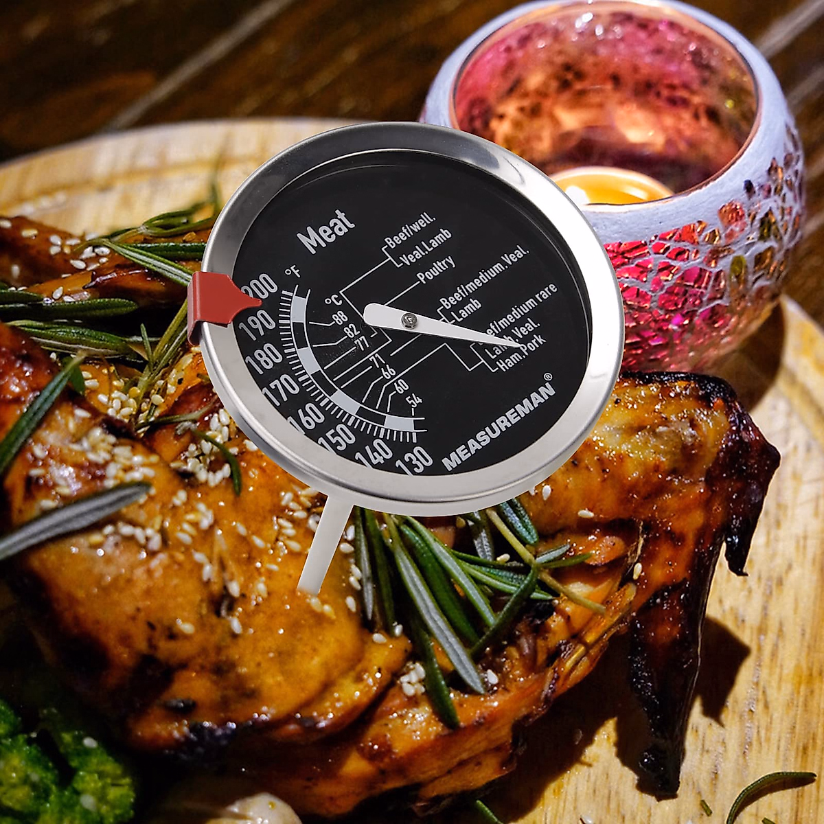 MEASUREMAN Meat Thermometer 2.5 Inch Dial with Red Indicator Clasp 304 Stainless Steel 130-220F/C Poultry Probe Oven BBQ Cooking Thermometers