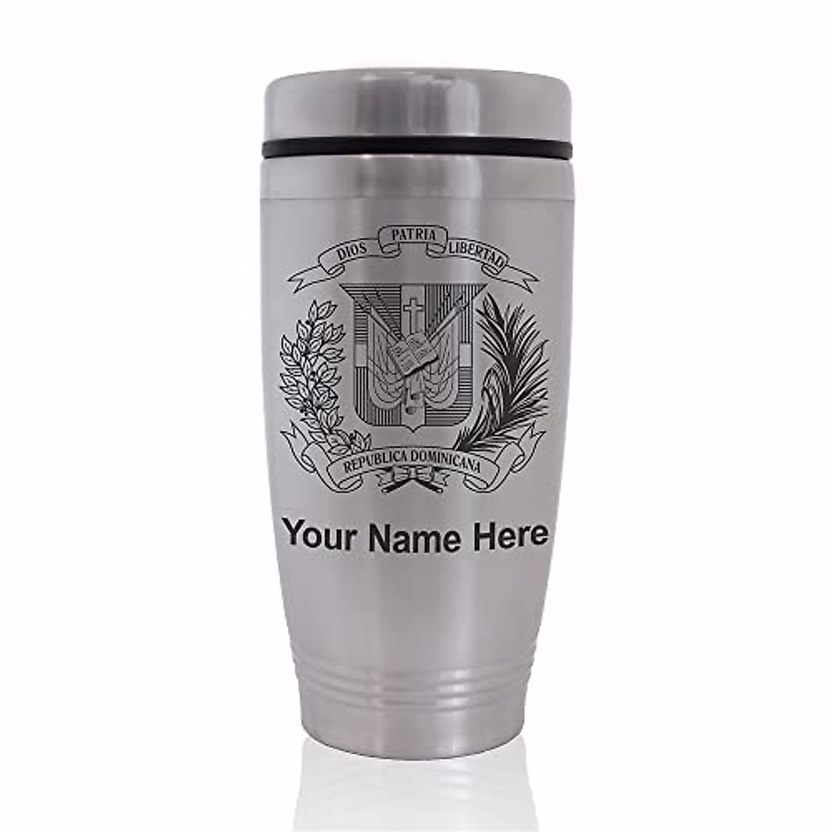 SkunkWerkz Commuter Travel Mug, Coat of Arms Dominican Republic, Personalized Engraving Included