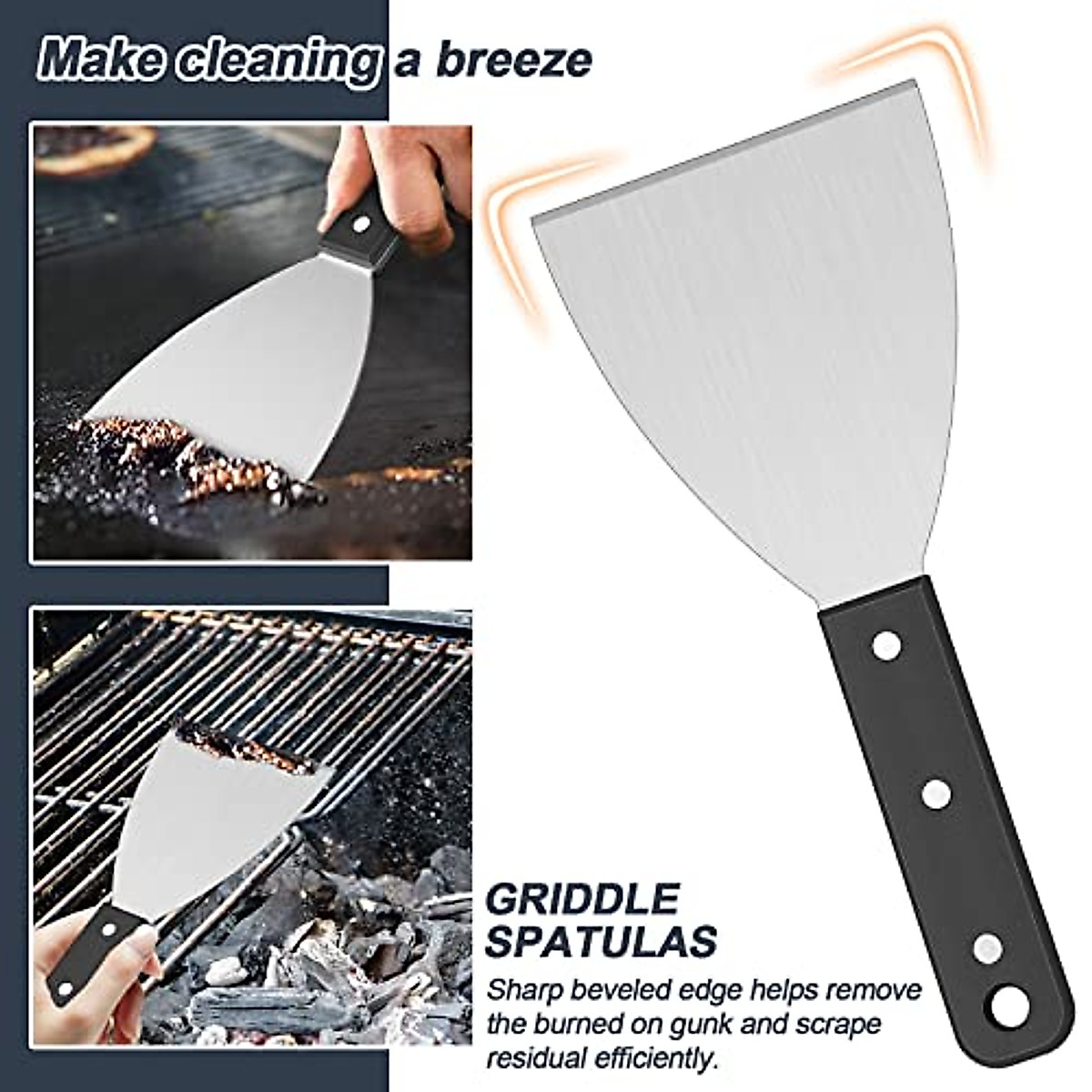 Joyfair Griddle Scraper Set of 2, Stainless Steel Grill Scrapers for Food Service/Cleaning Supply, Metal Slant Edge Spatula Tool for BBQ Flattop Grilling Teppanyaki/Kitchen Cooking, Dishwasher Safe