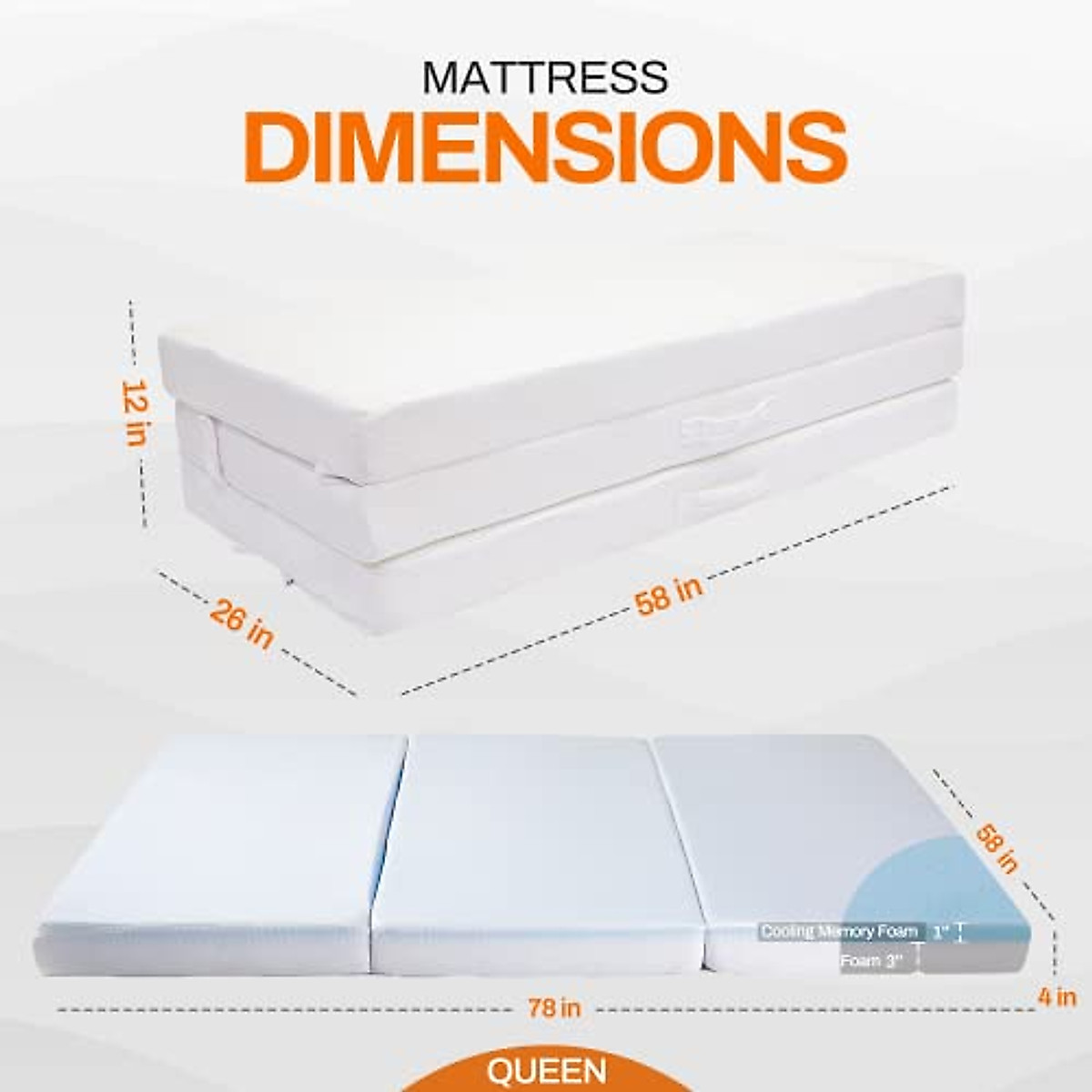Cheer Collection Tri-Fold Memory Foam Mattress - 4" Thick Gel Infused Foam Folding Bed for Guests, Queen Size - 58" x 78"