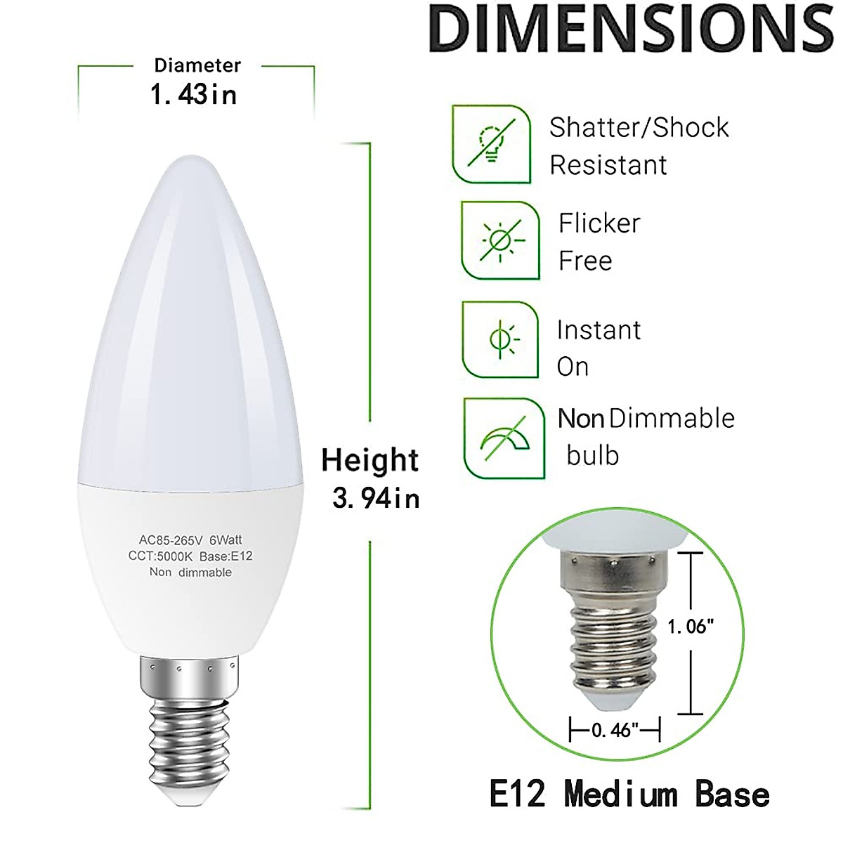 6-Pack E12 LED Ceiling Fan Light Bulbs, 60 Watts Equivalent Candelabra LED Light Bulbs, Type B Light Bulb for Chandelier, Candle Lightbulbs, Non-Dimmable, 5000K Daylight, 6 Pcs