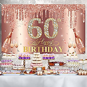 Rose Gold 60th Birthday Banner Decoration for Women, Pink Rose Gold Happy 60th Birthday Backdrop Sign Party Supplies, Sixty Years Old Birthday Photo Background Decor for Indoor Outdoor