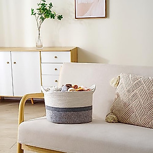 JIA QAQ Square Cotton Rope Samll Baskets With Handles for Nursery, Toys, Household, Handcrafted Woven Gift Baskets for Storage and Organization,13.5x11x9.5inch (white-grey)