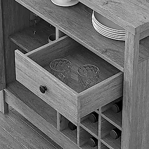 Farmhouse Coffee Bar Cabinet, 32'' Modern Kitchen Buffet Cabinet with Drawer, Coffee Station with Barn Door, 9 Wine Racks, Small Bar Cabinet with Shelf for Dining Room, Wash Gray