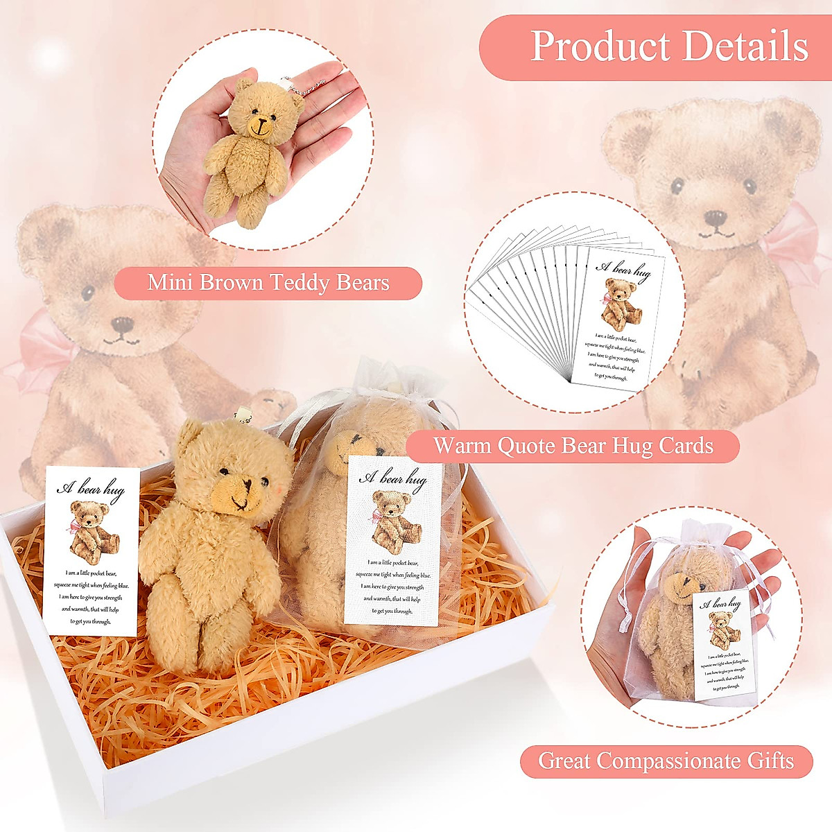Zhanmai Set of 12 Mini Plush Bears Gift Little Pocket Bear Inspirational Bear Hug Gift Card Organza Bags for Party Favors Stocking Suffers for Class