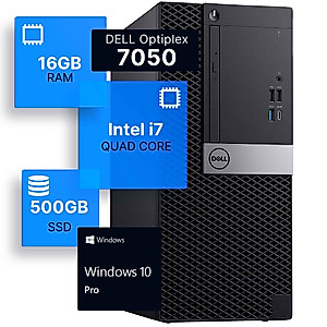 Dell Optiplex 7050 Tower Desktop Computer | Intel i7-7500 (3.4) | 16GB DDR4 RAM | 500GB SSD Solid State | Windows 10 Professional | Wi-Fi + Bluetooth 5G | Home or Office PC (Renewed)