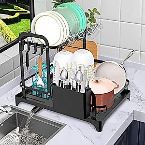 Dish Drying Rack Drainboard Set - with Swivel Spout, 2 Tier Large Capacity Rustproof Dish Rack with Cups Holder, Utensil Holder, Cutting Board Rack, 4 Hooks, Dish Drainer for Kitchen Counter