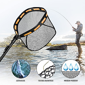 PLUSINNO Floating Fishing Net, Rubber Coated Fish net for Easy Catch and Release, Fishing Nets Freshwater for Bass, Trout, Walleye, Kayak, Folding Landing Net for Easy to Carry and Storage