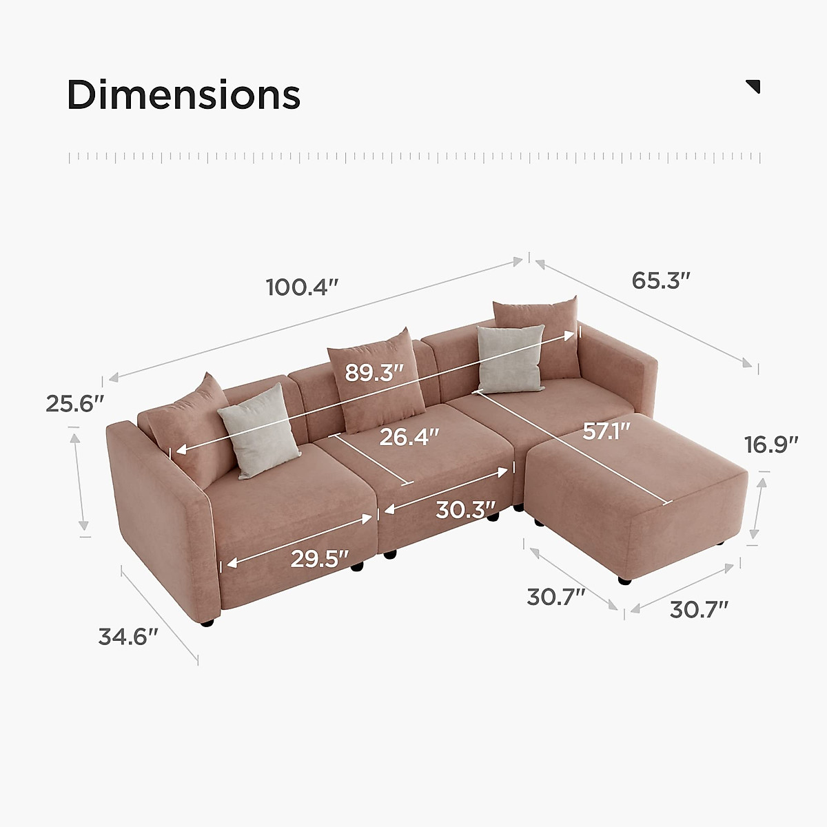 Acanva Luxury L-Shaped Upholstery Convertible Modular Sectional Sofa, Contemporary Reversible Couch with Chaise Lounge for Living Room, Apartment, 4 Piece Set, Pink