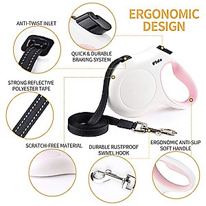 Fida Retractable Dog Leash for Small Breed up to 26 lbs, 16 ft Pet Walking Leash with Dispenser and Poop Bags, Anti-Slip Handle, Reflective Strong Nylon Tape, One-Handed Brake (S, White & Pink)