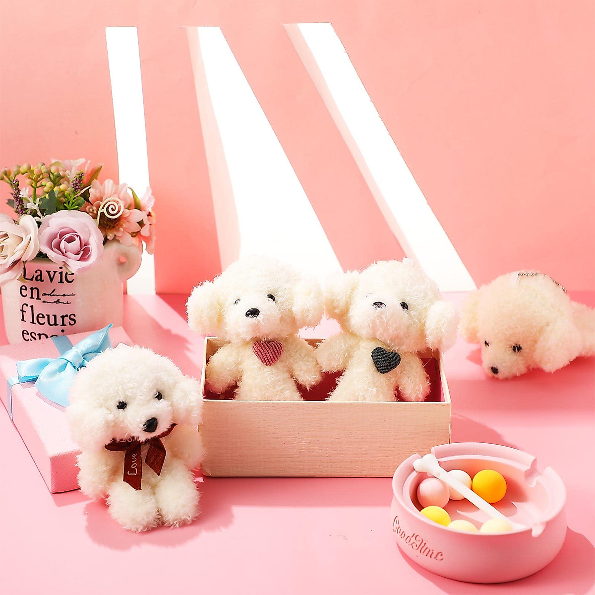 Civaner 24 Pcs Valentine's Day Mini Plush Stuffed Animal Toys Tiny Pendant dog Bear Doll for DIY Keychain Birthday Wedding Xmas Decorations Party Favor Backpack Handbag Accessory (Dog with Heart)
