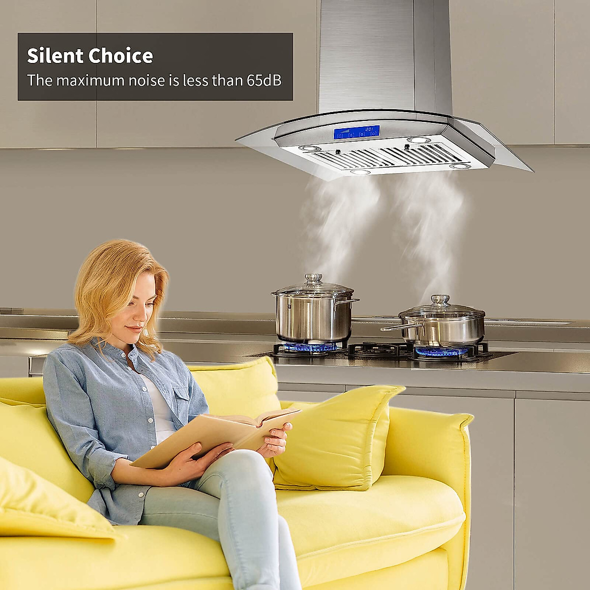 JOEAONZ Island Range Hood 30 Inch 700 CFM Gesture & Touch Control Ceiling Mount Stainless Steel Kitchen Vent Hood, Kitchen Exhaust Hood, Ducted/Ductless Convertible 3-speed Ventilation Fan Switchable