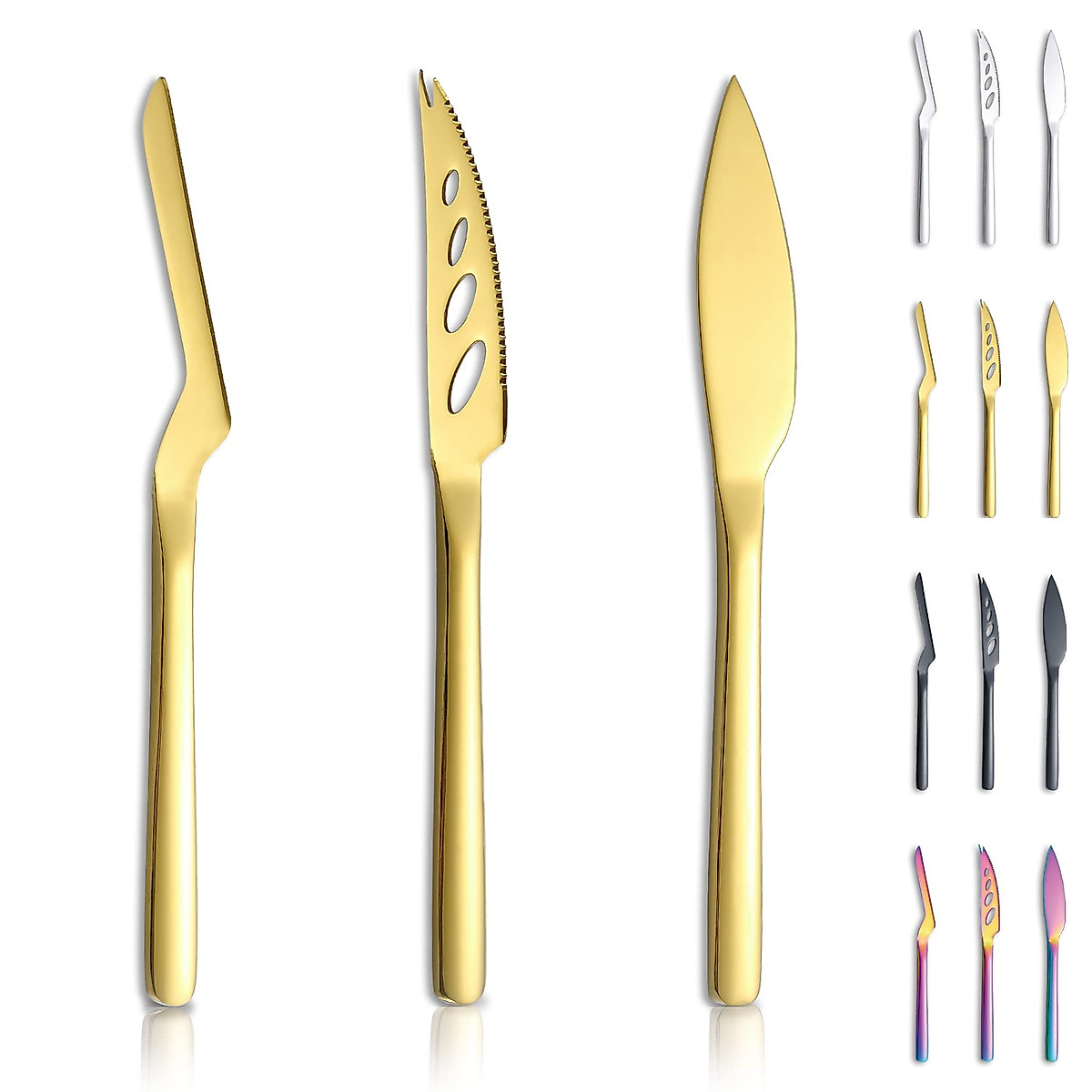 Kyraton Gold Cheese Knife Set of 3, Ergonomic Design Titanium Golden Plated Cheese Slicer, Butter Knife Spreader, Cheese Cutter, Cheese Knives for All Type of Cheese
