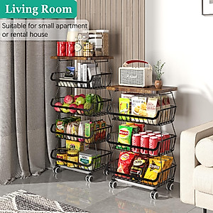 CHLORYARD Fruit Basket with Wooden Lid for Kitchen, 4-Tier Stackable Wire Fruit Vegetable Storage Basket Organizer Stand on Wheel, Produce Basket Potato Onion Storage Bins Rack Cart for Pantry