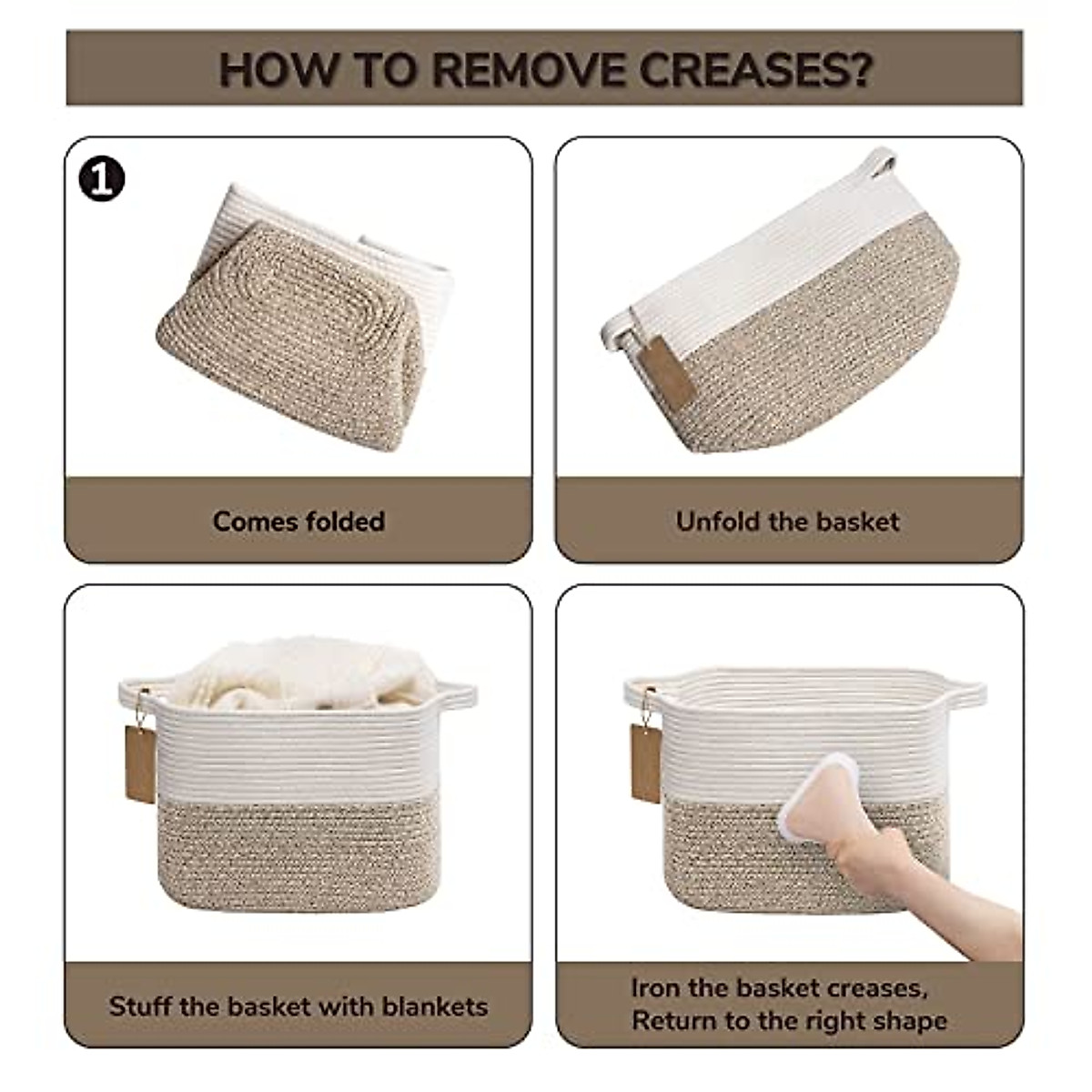 Goodpick Woven Storage Basket for Shelves, Cotton Rope Dog Toy Bin, Empty Gift Basket with Handles, Square Baskets for Storage Shelves, Brown and White Storage Bin, 13.5 x 11 x 9.5 Inches