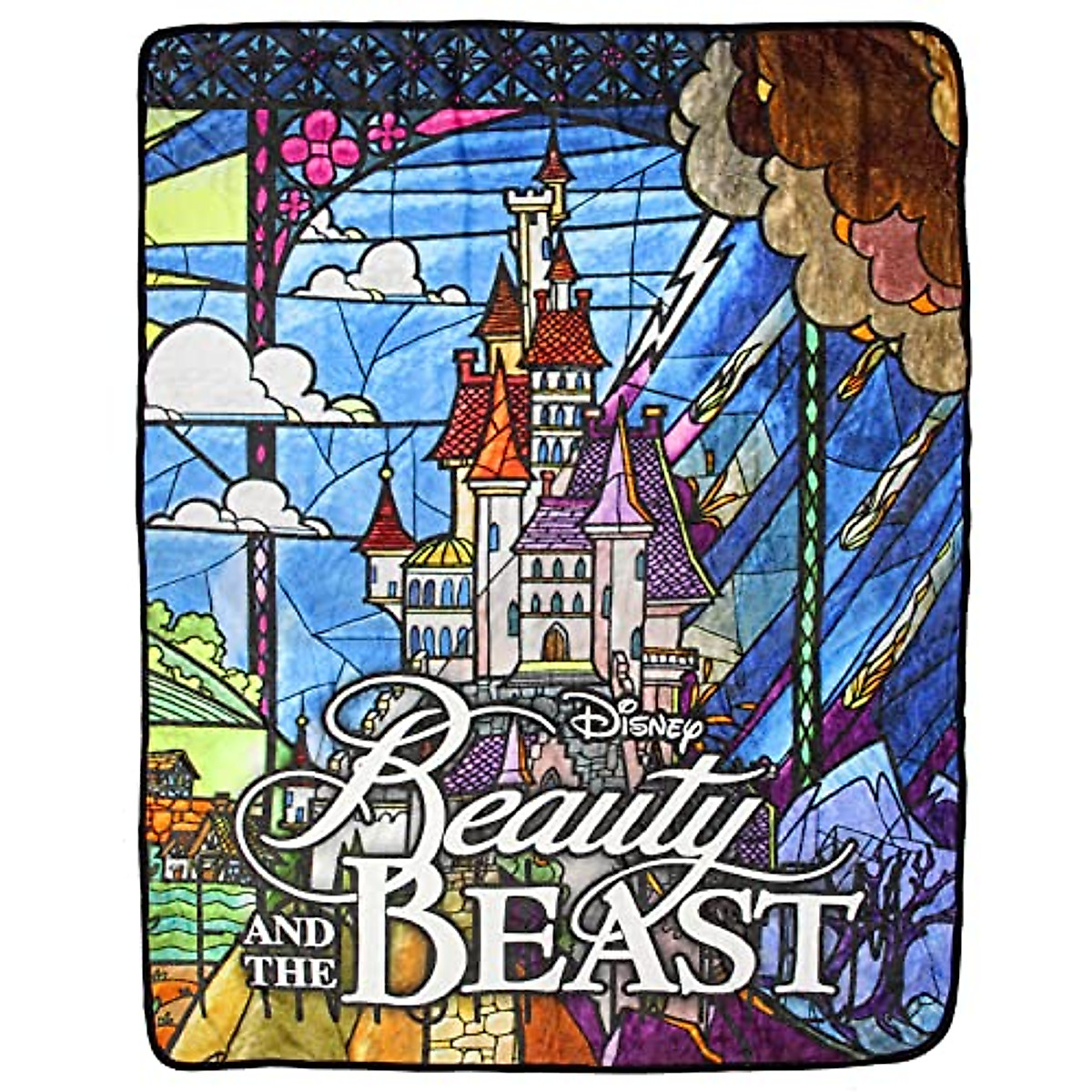Disney Beauty and The Beast Stained Glass Enchanted Castle Plush Throw Blanket 46' x 60'