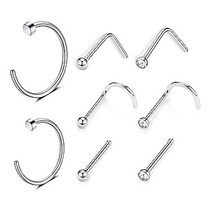 GAGABODY G23 Titanium 20G Nose Ring Hoop 2mm Press Fit Crystal Gem Nose Screw Nose Studs Ring L-Shaped Bone Piercing Jewelry