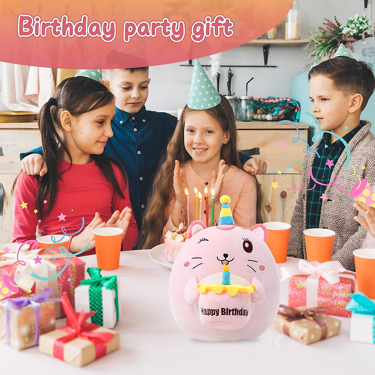 MILEGI 12’’ Happy Birthday Cake Cat Plush Pillow, Cat Stuffed Animal with Stereo Cake, Happy Birthday Plush Toy Cute Cat Plushie Doll, Home Room Decoration Pink Birthday Gifts for Girls Boys Kids