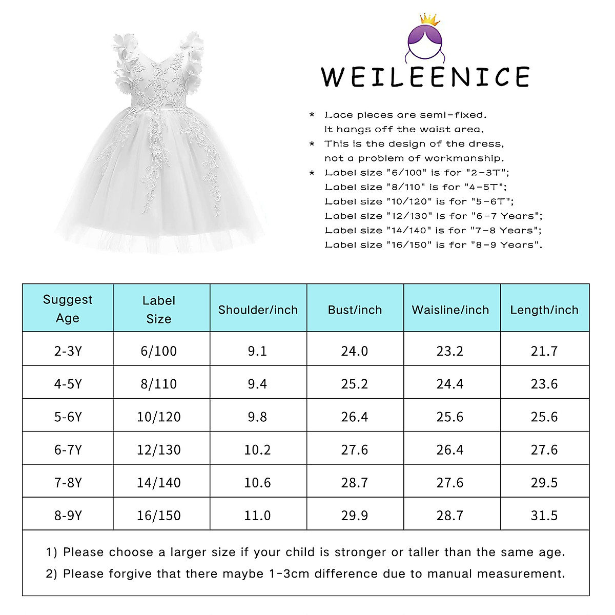 Weileenice Easter White Flower Girl Lace Embroidery Dress 2 3 Kids Baptism Birthday Church Wedding Party Pageant Princess Ball Gown Christmas Little Girls Formal Prom Tutu Tulle Dresses New Year