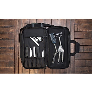Asaya Chef Knife Bag - 28 Pockets for Knives and Kitchen Utensils - Durable Ballistic Nylon, Black Stainless Steel Hardware, Card Holder and Adjustable Shoulder Strap - Knifes not Included (Black)