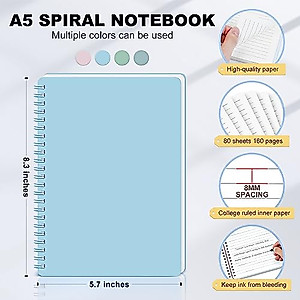 Spiral Notebook, 5.7" x 8.3" College Ruled Notebook with 4 Colors Spiral Journals for Women, 80 Sheets / 160 Pages Per Journal with Twin-Wire Binding, Thick Plastic Hardcover and 8mm Ruled Lined