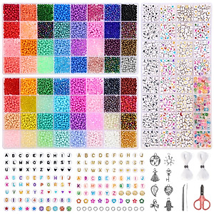 QUEFE Craft Beads Kit 6400pcs 4mm Glass Seed Beads and 960pcs Letter Beads for Friendship Bracelets Jewelry Making Necklaces and Key Chains with 2 Rolls of Crystal String, DIY Art Craft Gifts