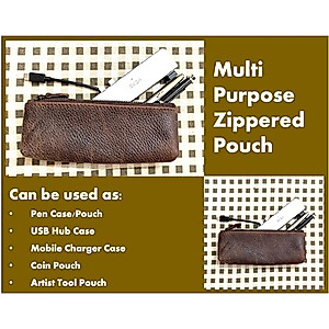 The Antiq: Leather Pencil Pouch, Leather Pen Case, Zipper Pen Case, USB Hub Case, Artist Tool Case, Mobile Charger Case, Coin Case/Pouch, Marker Pouch/Case Useful for students and office purposes
