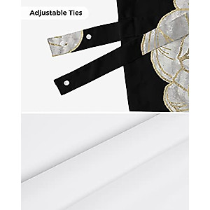 Semi Sheer Valance Adjustable Kitchen Valance for Windows, Abstract White Flower with Gold Border Black Valances for Bathroom Bedroom Living Room, Tie-up Rod Pocket Decorative Window Curtain 54"x18"