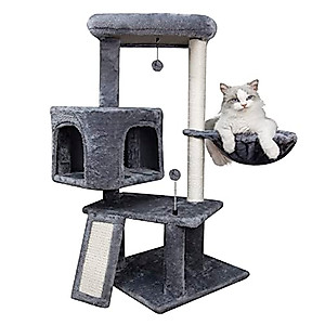 WIKI Newest 36.6 Cat Tree with Cat Condo and Hanging Hammock,Grey