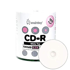 Smart Buy White Top CD-R 100 Pack 700mb 52x Blank Recordable Discs, 100 Disc, 100pk