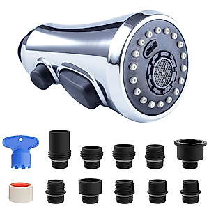 Hibbent Pull Down Spray Head for Kitchen Faucet, 3-Function Kitchen Sink Spray Nozzle with 10 Adapters, Faucet Head Replacement Compatible with Moen, American Standard, Delta, Kohler Faucets, Chrome