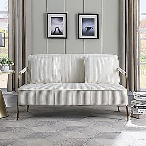 Taiweny Velvet Loveseat Small Sofa Couch, Modern Pleated Upholstered 2 Seater Love Seat Settee with Two Throw Pillows for Living Room Bedroom Apartment, 56” (Beige)