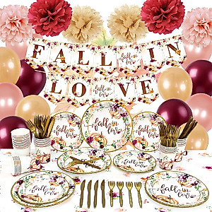 Fall in Love Party Decorations Fall Floral Pumpkin Decoration Set Includes Fall Tablecloths, Fall in Love Dinner Plate Boho Balloons Perfect for Bridal Shower Anniversary Engagement Party Decorations