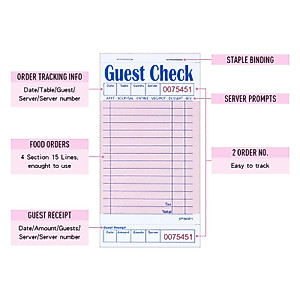 DGBDPACK Server Guest Checkbook, 5 Pack EP-3632-1 Server Note Book, Thick Server Paper with Guest Receipts, Waitress Notepads - 250 Orders Total (Pink, 6.75" x 3.5")