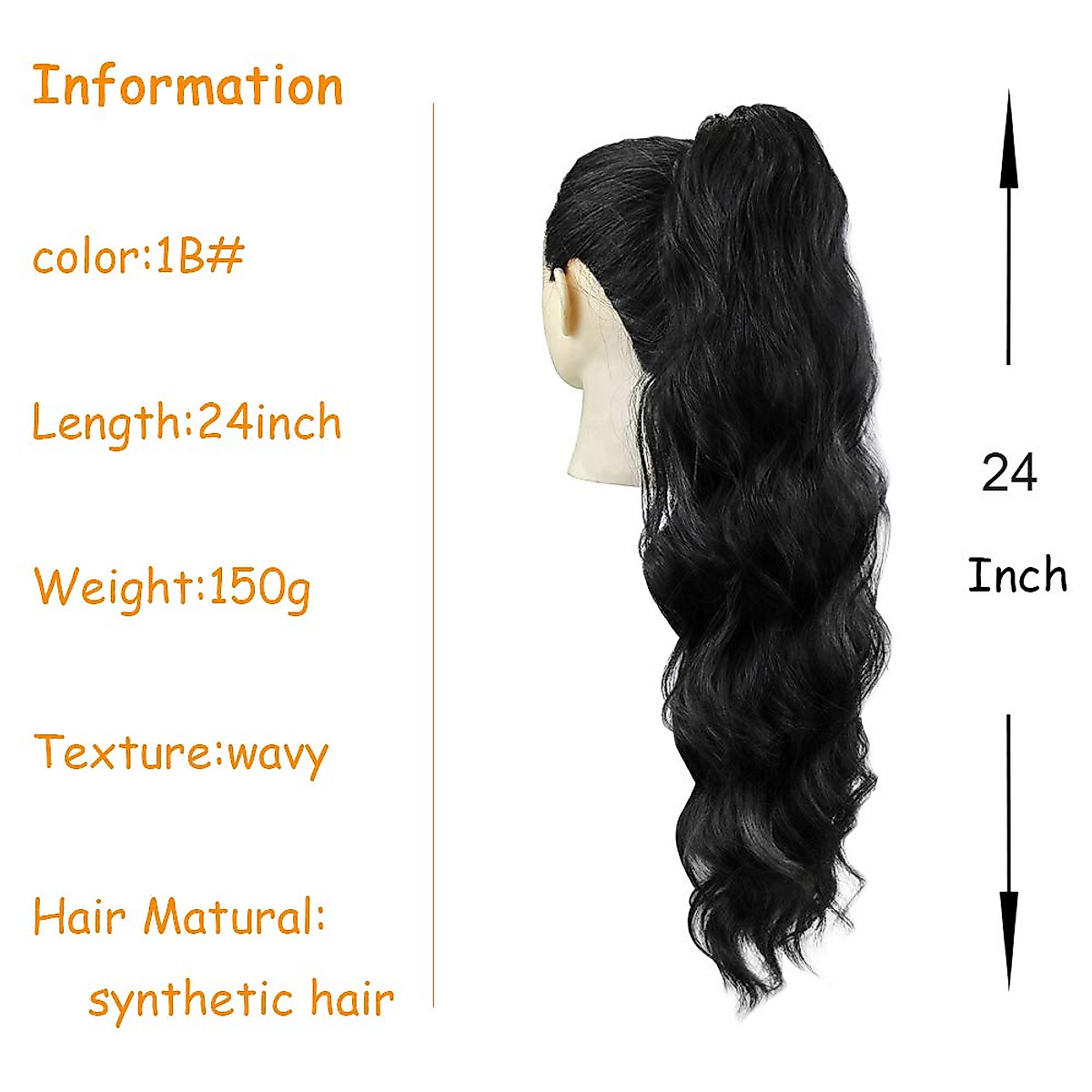 KETHBE 24 Inch Long Body Wave Ponytail hair Extension Synthetic Heat Resistant Wrap Around Drawstring Curly Wavy Ponytail Hairpieces for Women(Black)