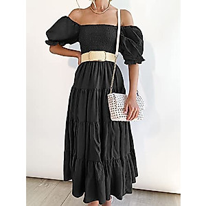 ANRABESS Women's Casual Summer Midi Dress Puffy Short Sleeve Square Neck Smocked Tiered Boho 2023 Spring Dresses for Wedding Bridal Shower 877heise-M Black